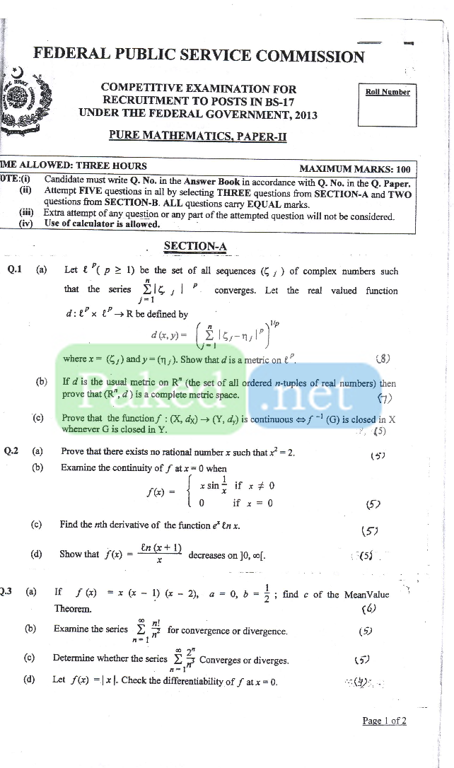 CSS Past Paper 2013 - Pure Mathematics-II
