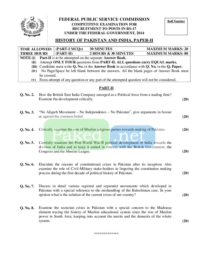 CSS Past Paper 2014 - History of Pakistan and India-II