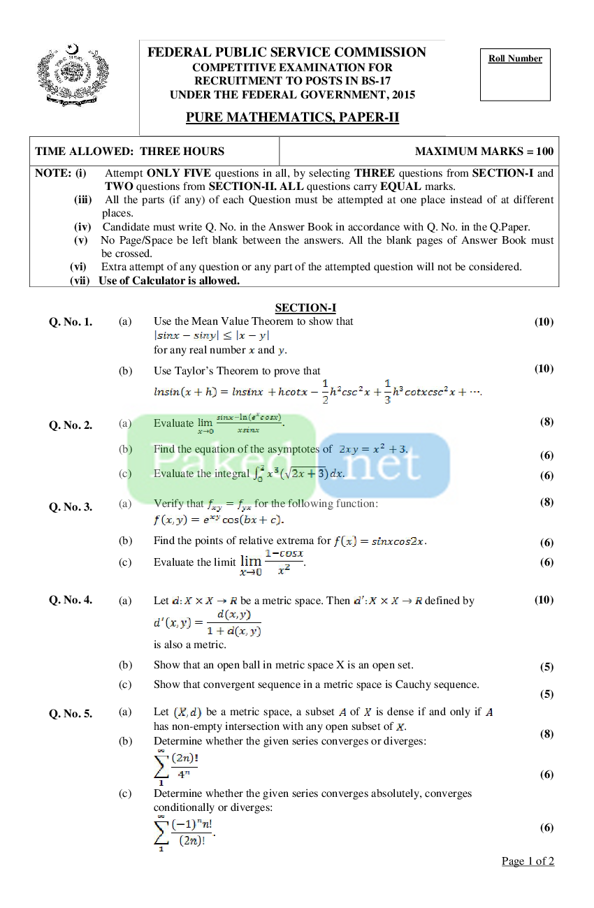 CSS Past Paper 2015 - Pure Mathematics-II