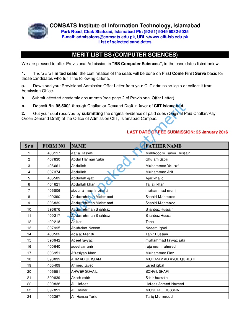 COMSATS Islamabad - Merit List January 2016 - BS Computer Science
