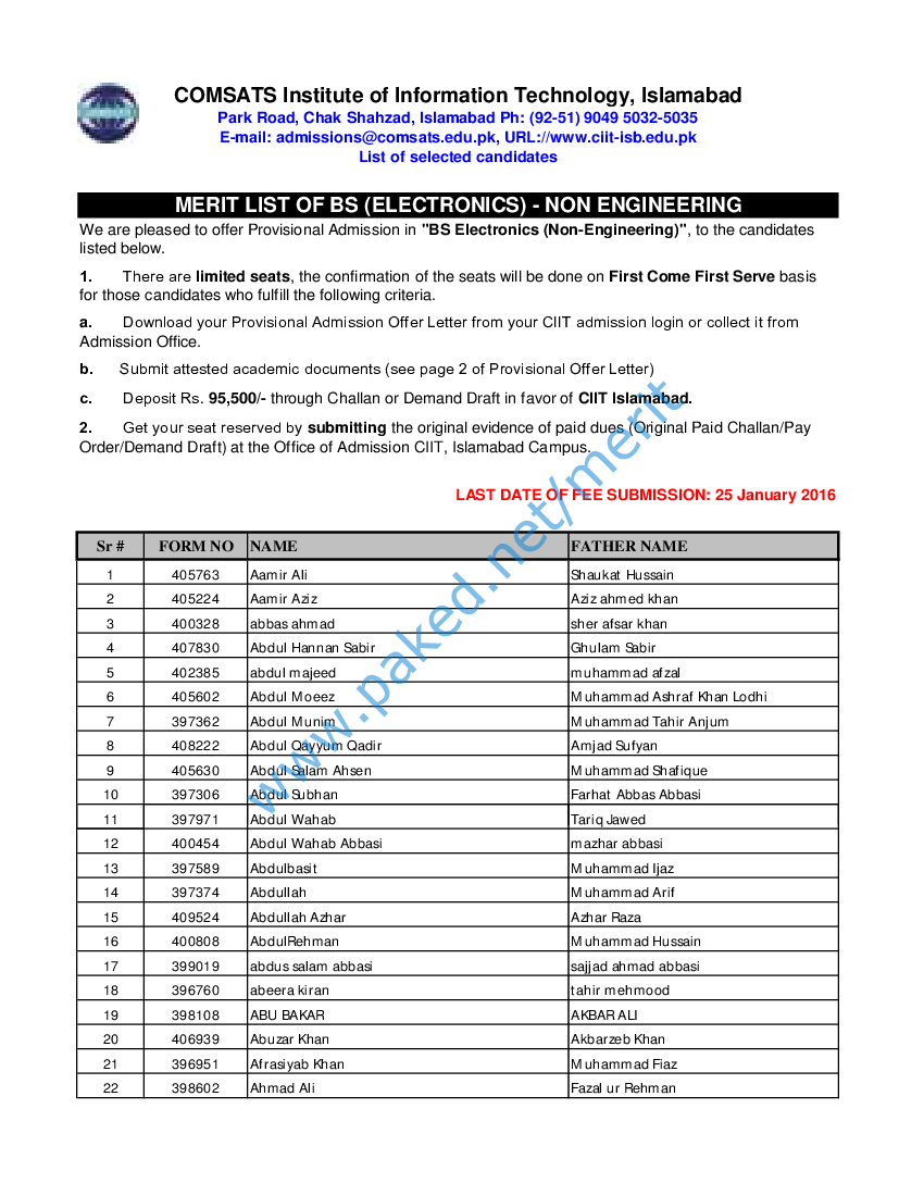 COMSATS Islamabad - Merit List January 2016 - BS Electronics