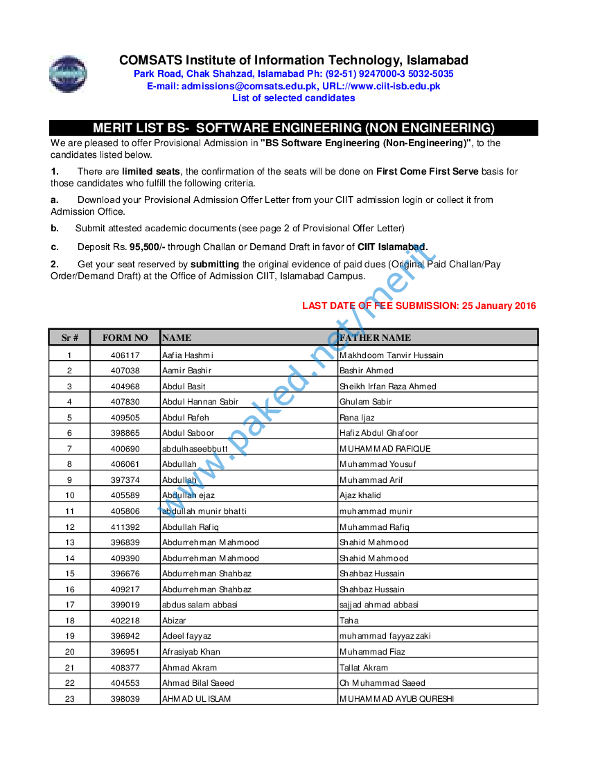 COMSATS Islamabad - Merit List January 2016 - BS Software Engineering